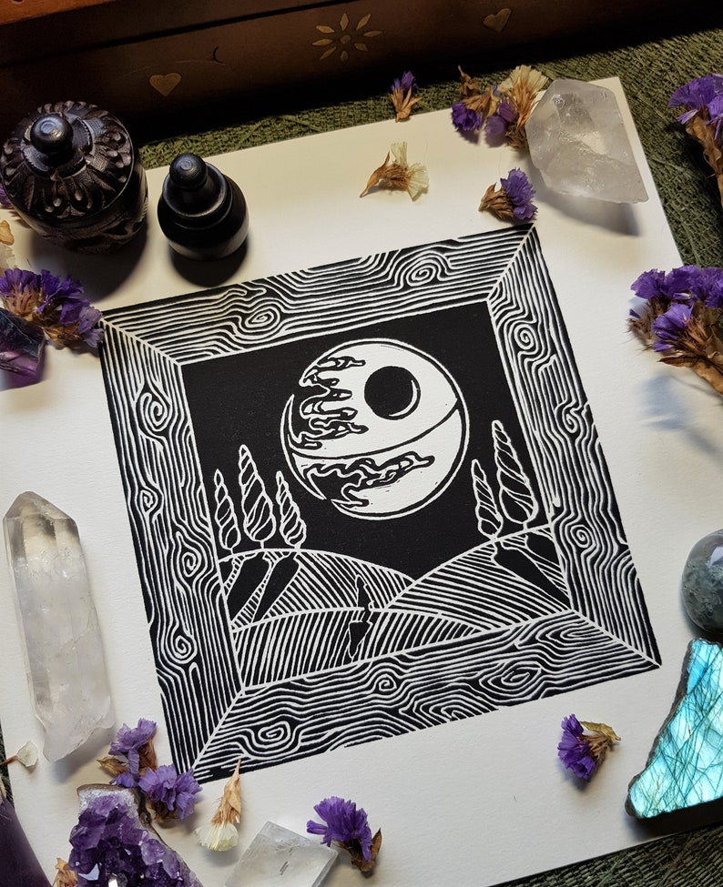Linoprint - "death Moon", Original Artwork, Fantasy/sci-fi Art ...
