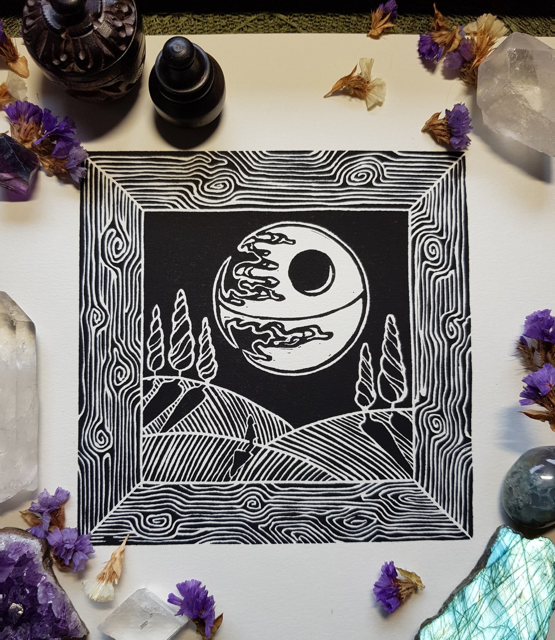 Linoprint - "death Moon", Original Artwork, Fantasy/sci-fi Art ...