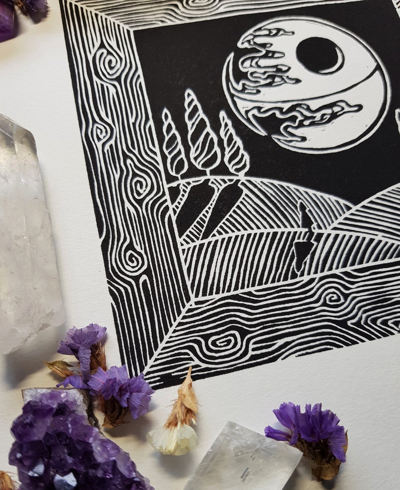 Linoprint - "death Moon", Original Artwork, Fantasy/sci-fi Art ...