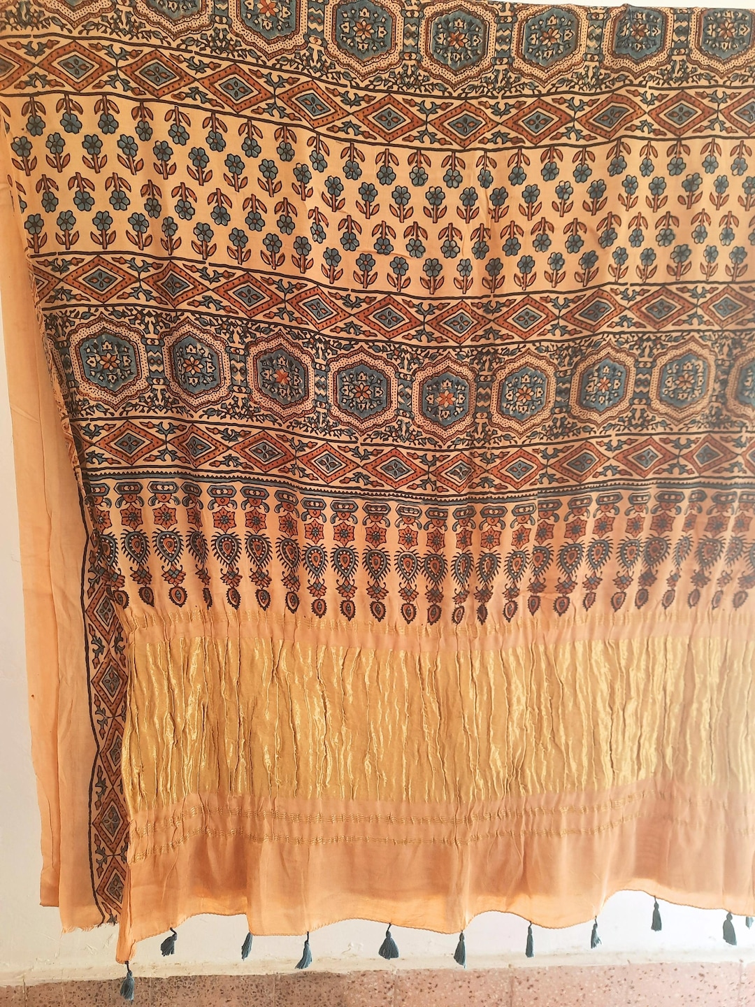 Earthy Peach Modal Silk Saree Natural Dyed Eco Print Saree Ajrakh Hand ...