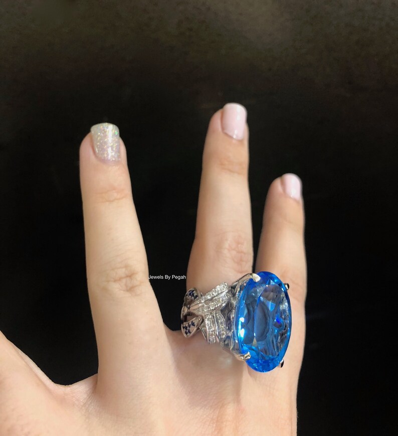 14K White Gold Oval 32.44 Carat Swiss Blue Topaz Ring With - Etsy