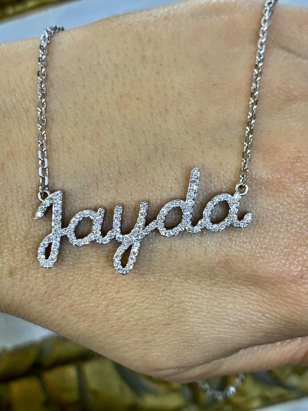 14kt White Gold Diamond Name Plate Necklace. ( 5 Letter Version ...