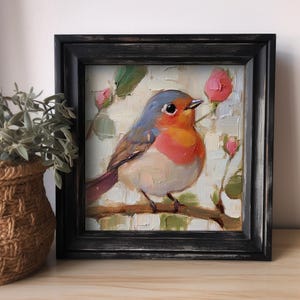 Rose Robin Painting Robin Bird on Branch Original Art Animal Oil ...