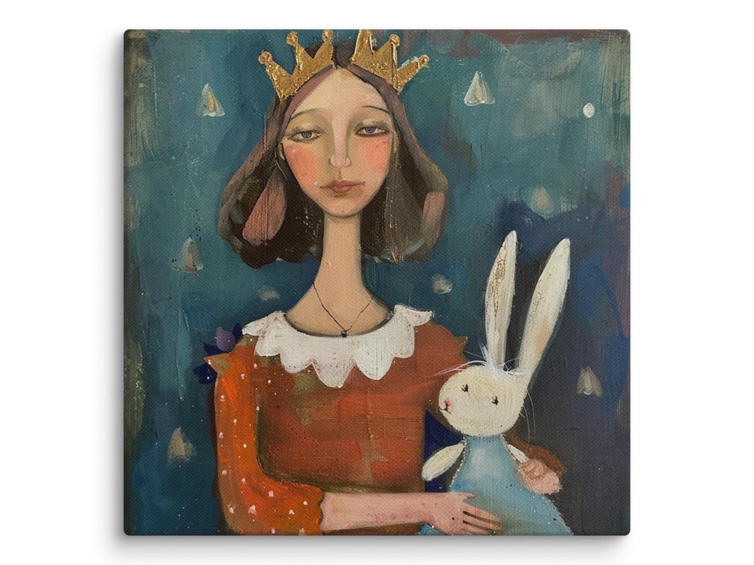 Princess Painting Girl With Toy Original Art Plush Bunny Naive Painting ...