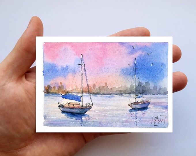 Sailboats Painting Seascape ACEO Original Art Sunrise Ocean Artwork ...