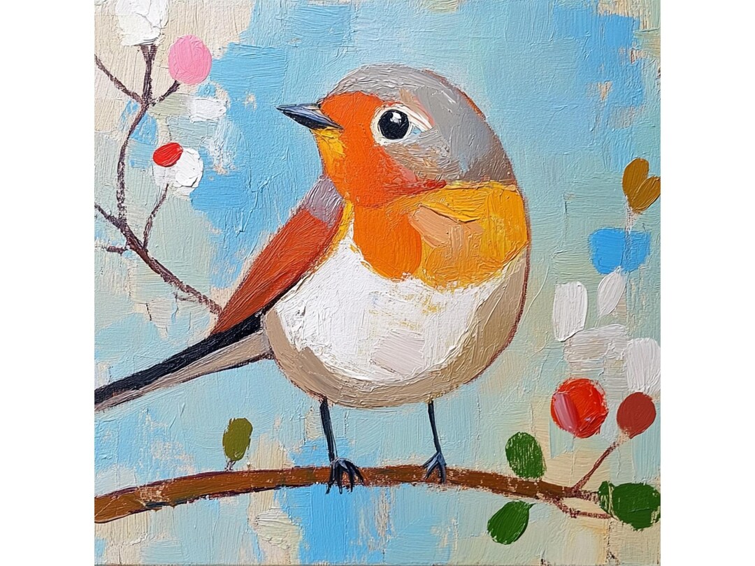 Robin Bird Painting Bird on Branch Original Art Naive Oil Painting ...