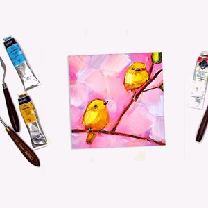 Canary Painting Bird Original Art Couple Bird Oil Painting Animal Small ...