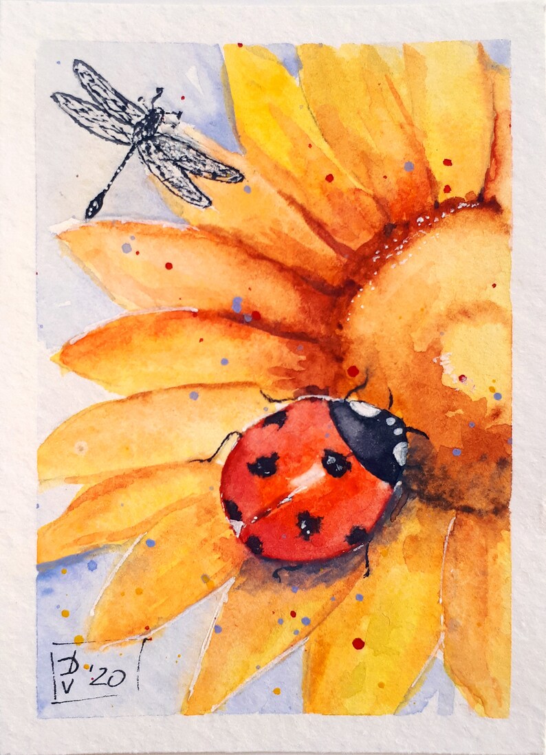 Ladybug Painting ACEO Original Art Sunflower Watercolor - Etsy
