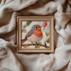 Rose Robin Painting Robin Bird on Branch Original Art Animal Oil ...