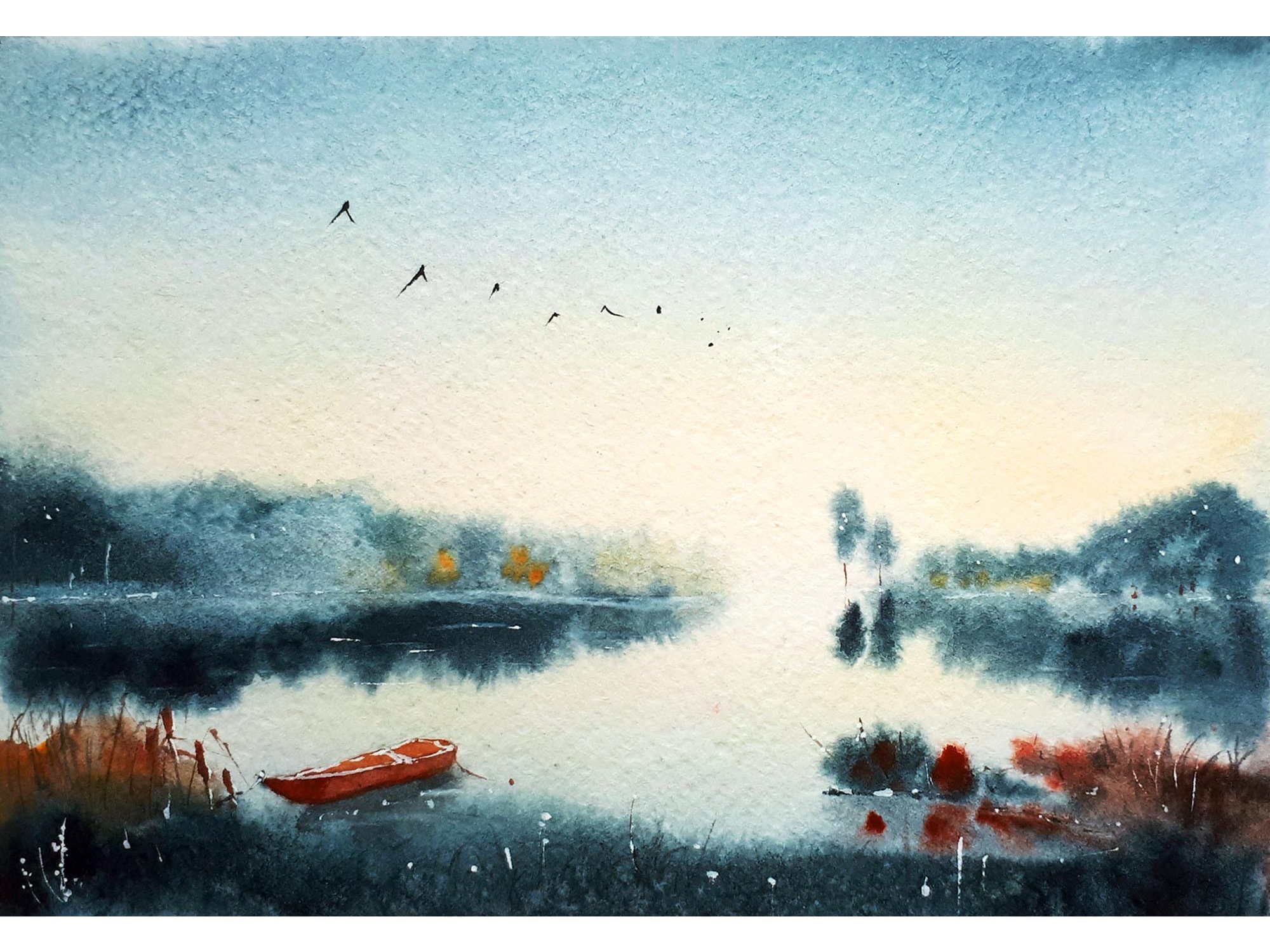 Michigan Painting Great Lakes Original Art Boat Watercolor Foggy Forest ...