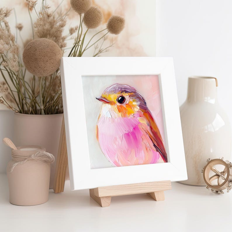Pink Robin Painting Robin Bird on Branch Original Art Animal Oil ...