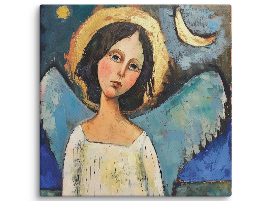 Night Angel Oil Painting on Canvas Angel Wings Original Art Naive Wall ...