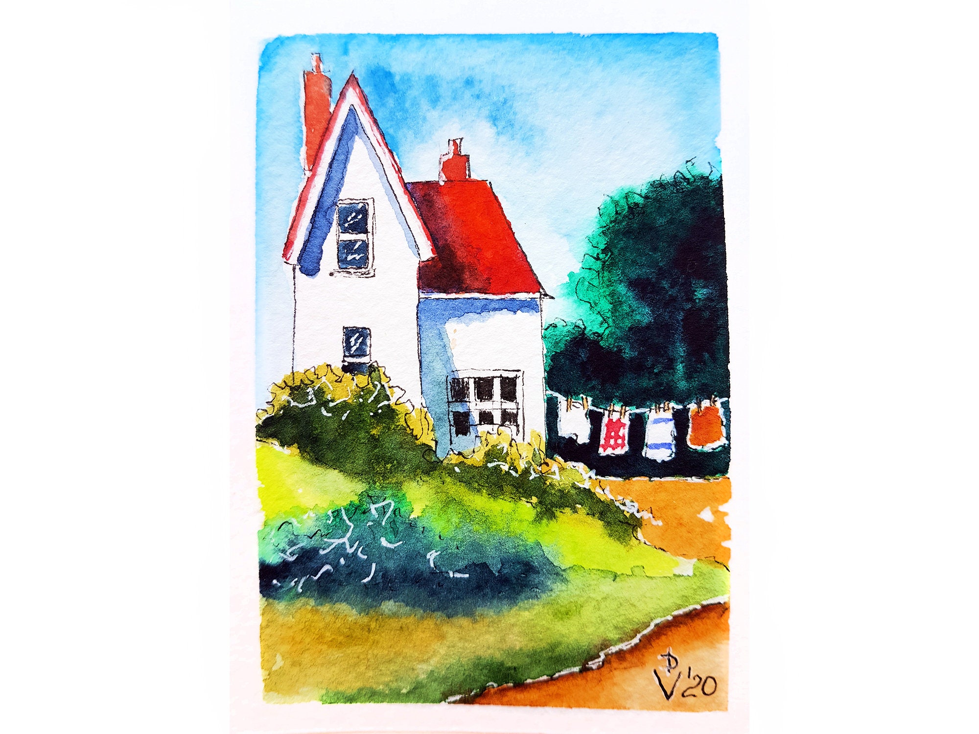 Red Roof Cottage Painting ACEO Original Art Watercolor Laundry | Etsy