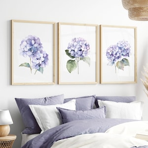 Watercolor Purple Hydrangea Set of 3 Prints Botanical Flowers Abstract ...