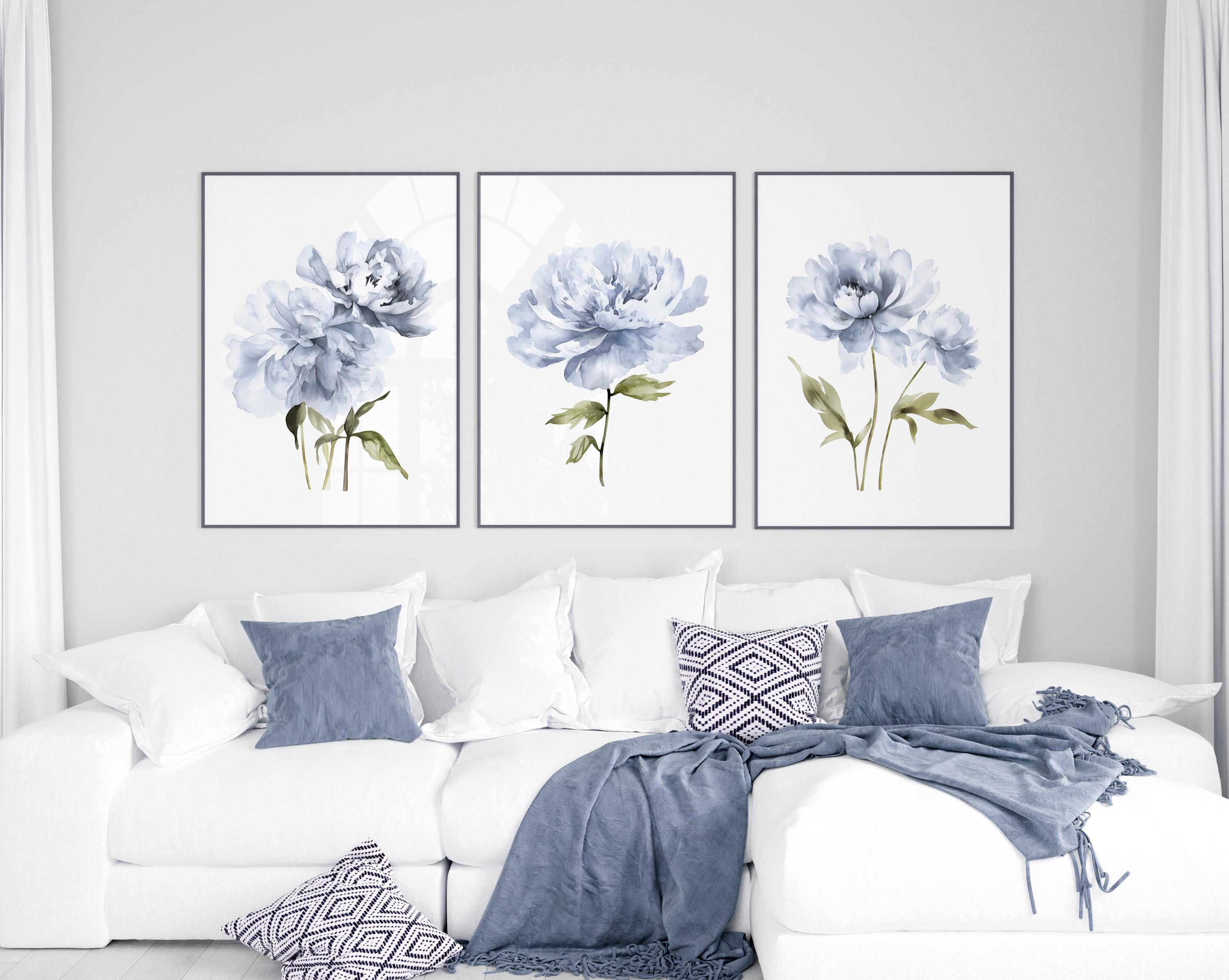 Watercolor Dusty Blue Peonies Set of 3 Prints, Botanical Floral Print ...