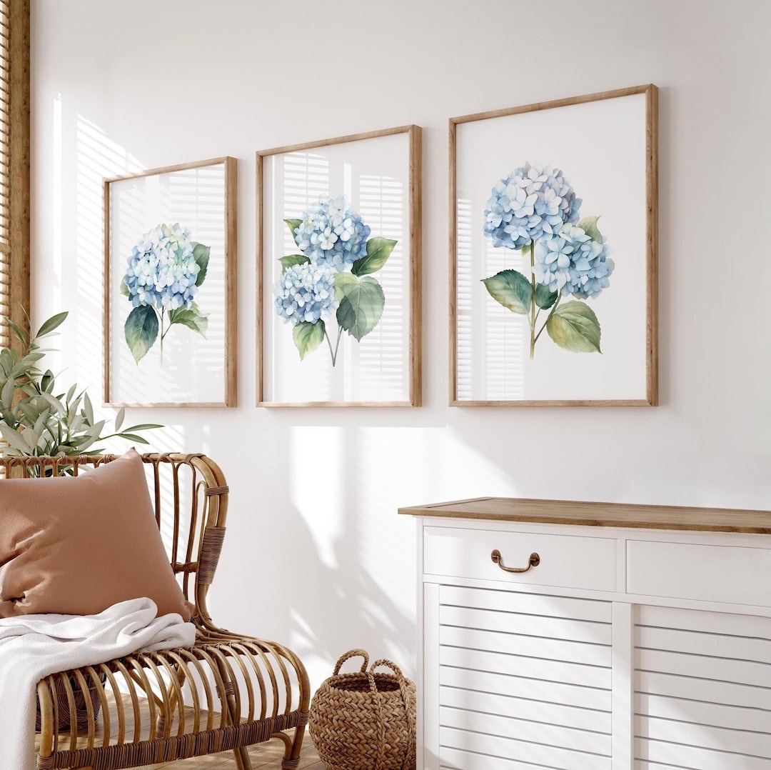 Blue Hydrangea Set of 3 Watercolor Prints Botanical Flowers Abstract ...