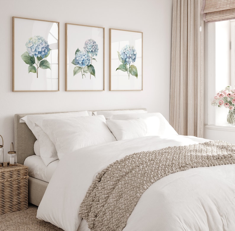 Watercolor Blue Hydrangea Set of 3 Prints Botanical Flowers Abstract ...