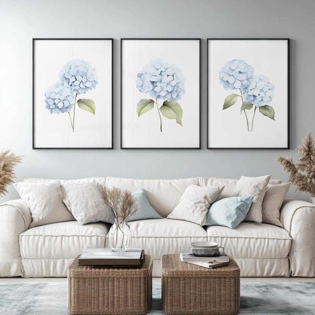 Blue Hydrangea Set of 3 Watercolor Prints, Botanical Wall Art, Abstract ...