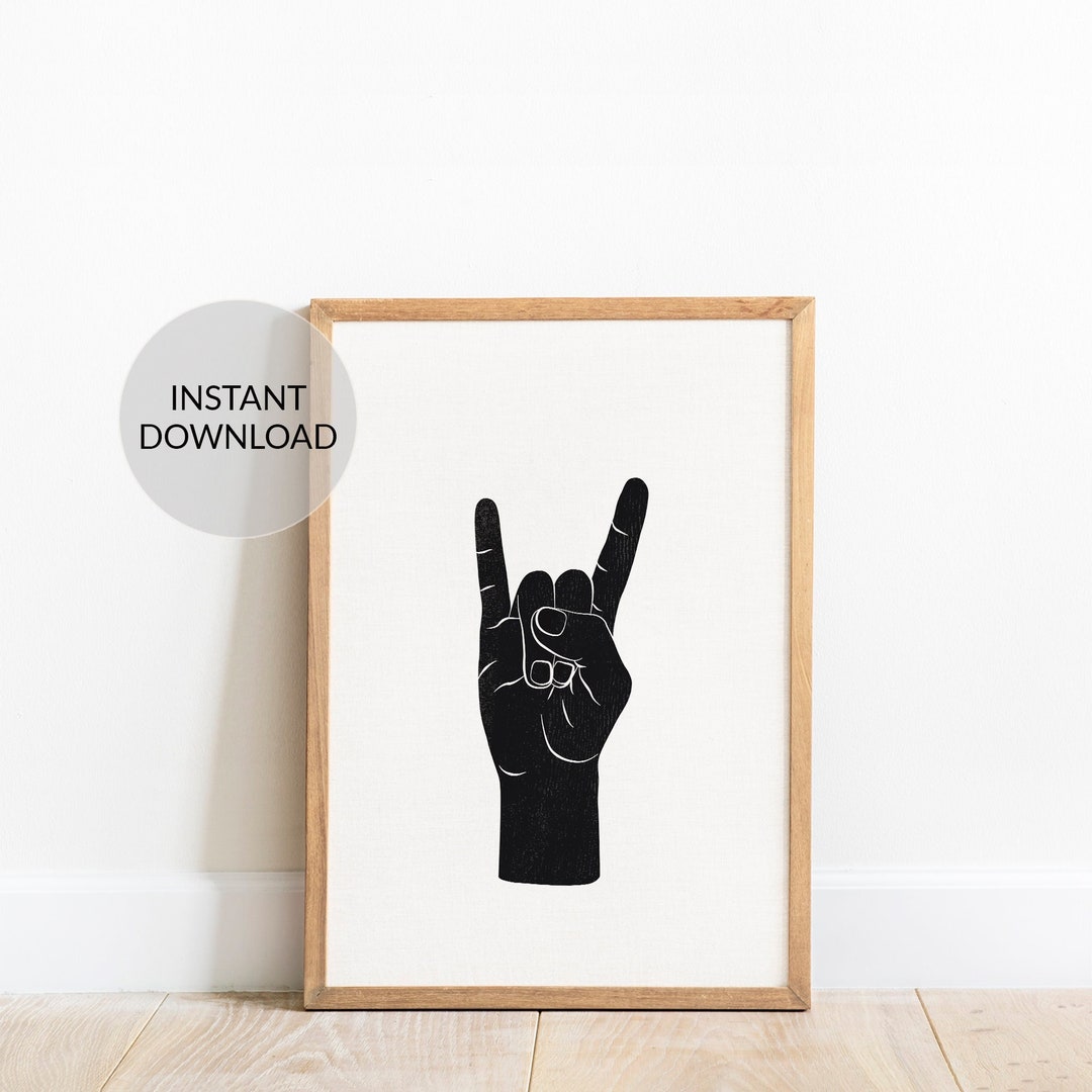 Rock Hands Wall Art, Rock on Sign Hand Line Art, Rock Hand Gesture ...
