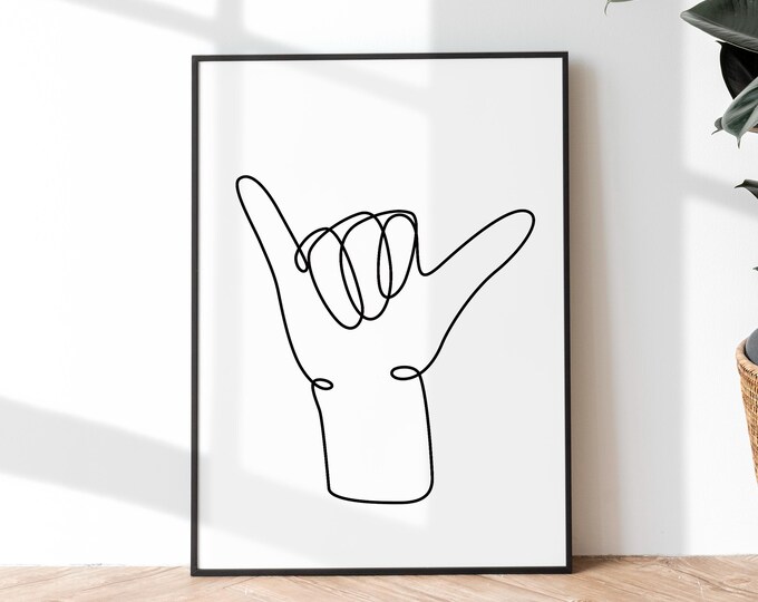 Shaka Hand Line Drawing, Shaka Sign Art Print, Hand Line Art, Mahalo ...