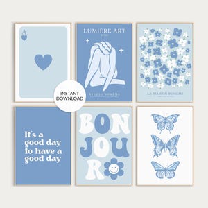Blue Gallery Wall Set of 6, Pastel Sky Blue Dorm Room Wall Art Decor ...