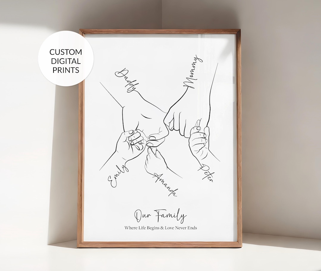 Custom Family Hands Print, Family of 5 Line Art, Personalized Baby ...