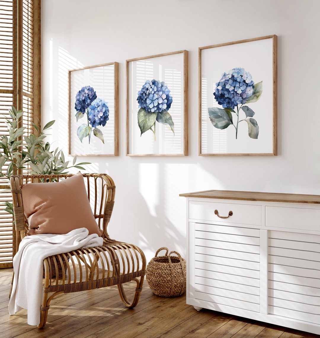 Watercolor Navy Blue Hydrangea Set of 3 Prints Botanical Flowers ...