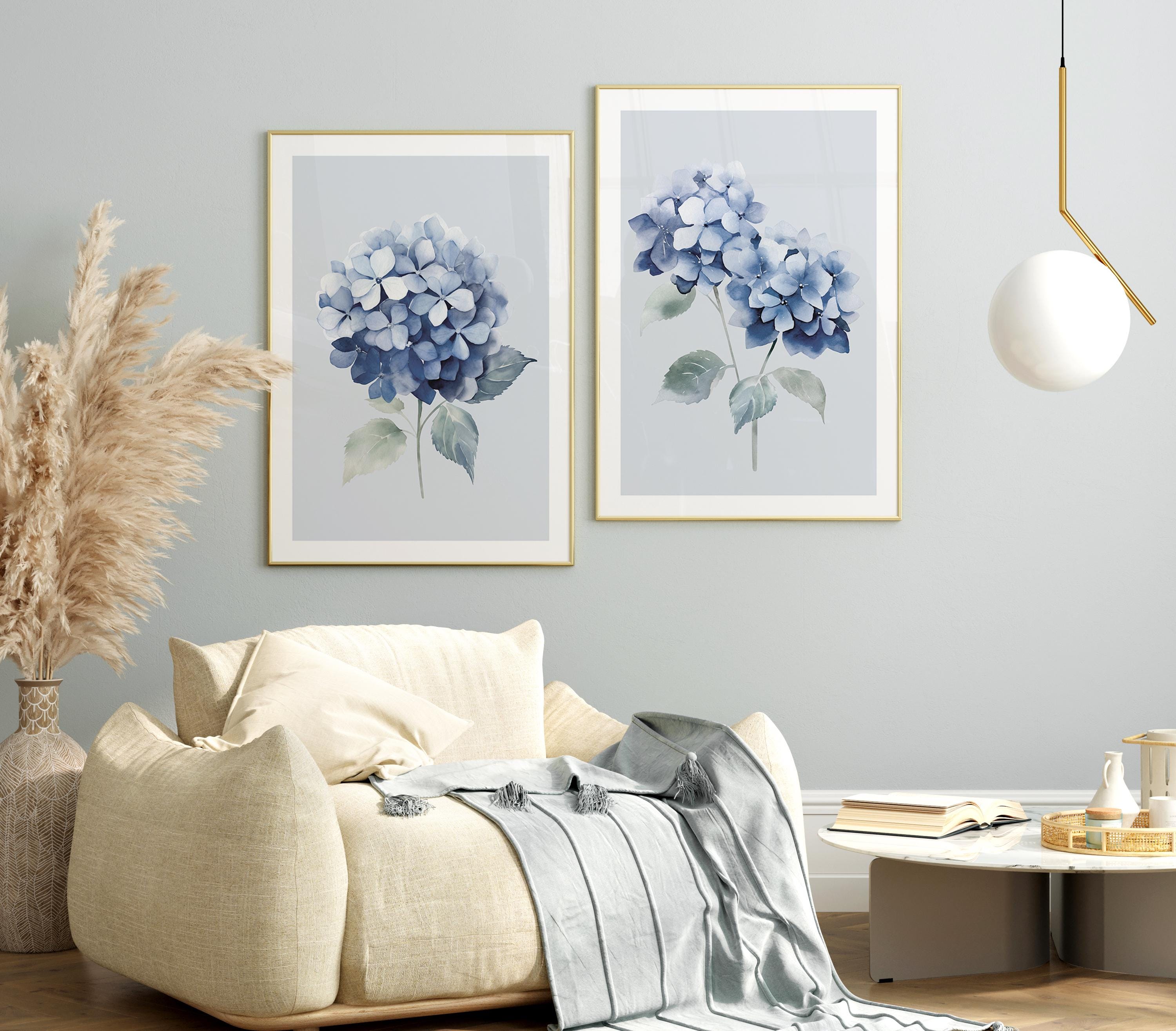 Blue Hydrangeas Wall Art Set of 2, Botanical Flower Watercolor Prints ...