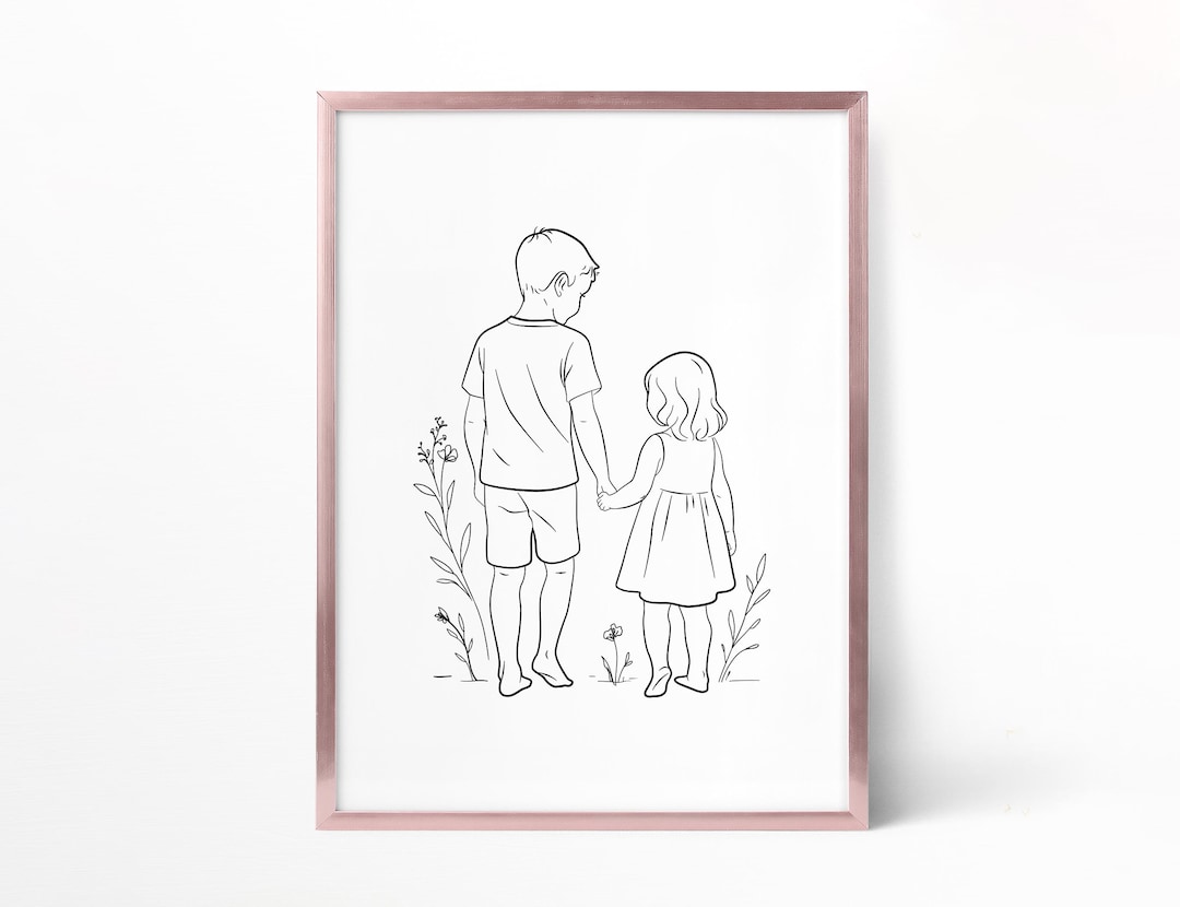 Brother and Sister Line Art Print: Minimalist Siblings Drawing (digital ...