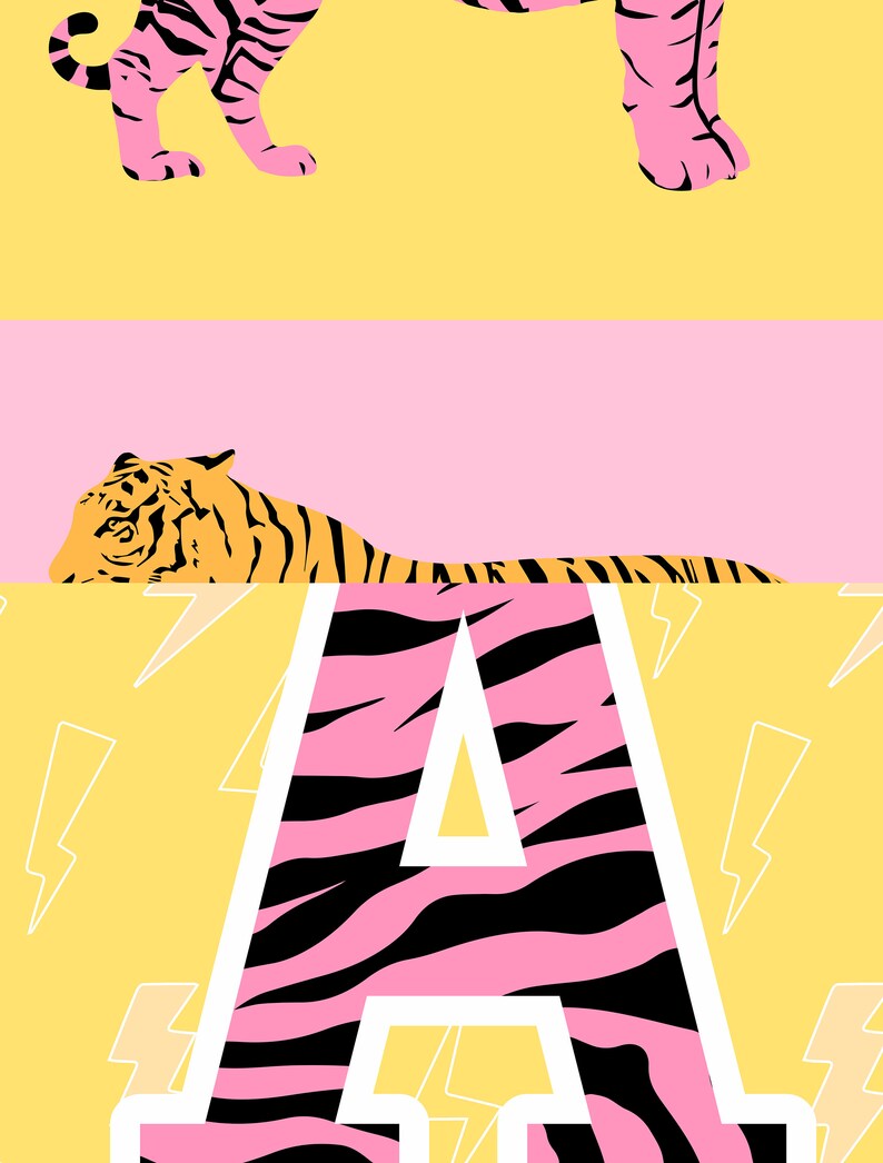 Set of 2 Pink Tiger. Custom Initial Print. Preppy Wall Art. - Etsy