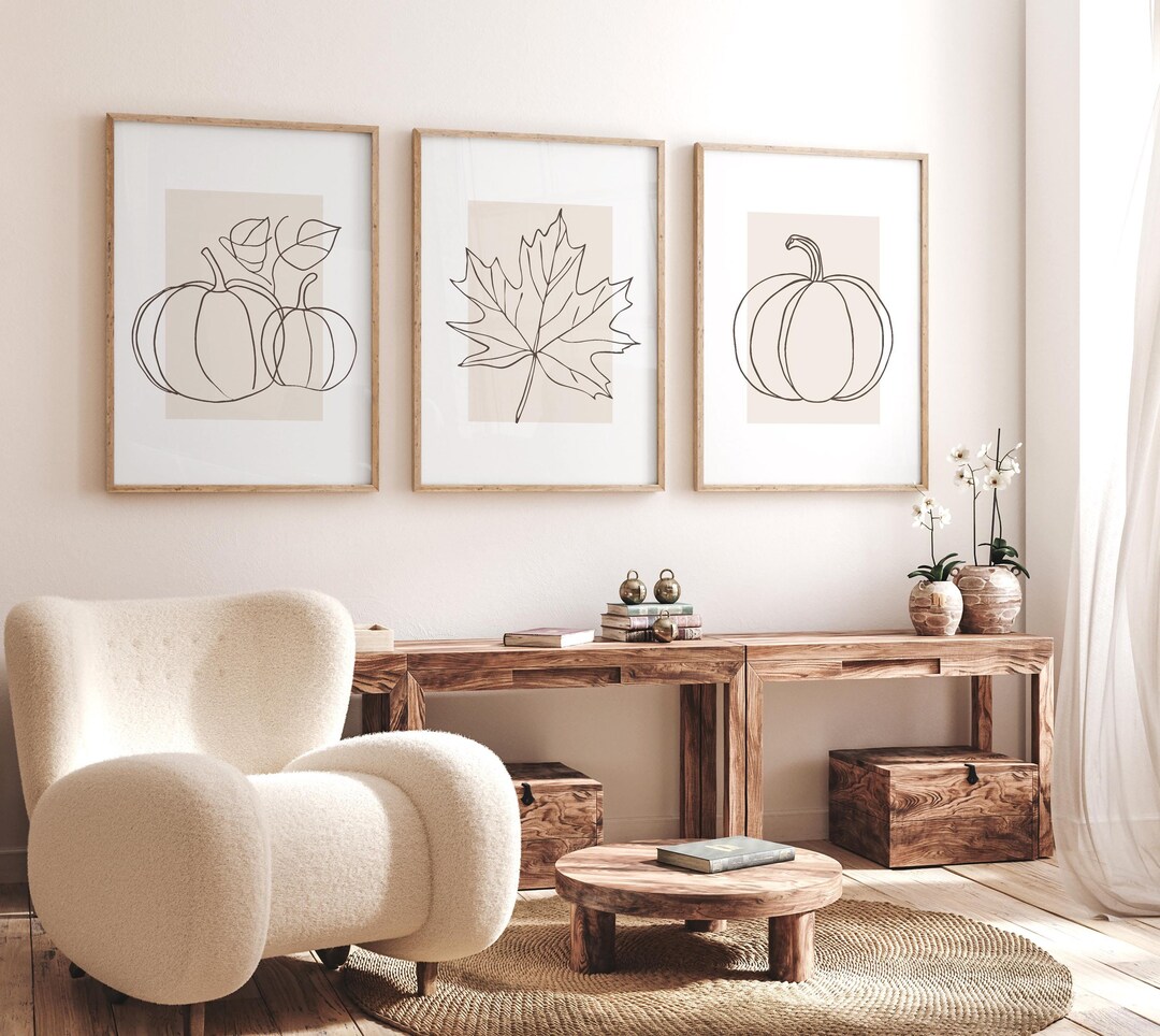 Minimalist Fall Printable Art Set of 3, Autumn Pumpkin and Leaf Prints ...