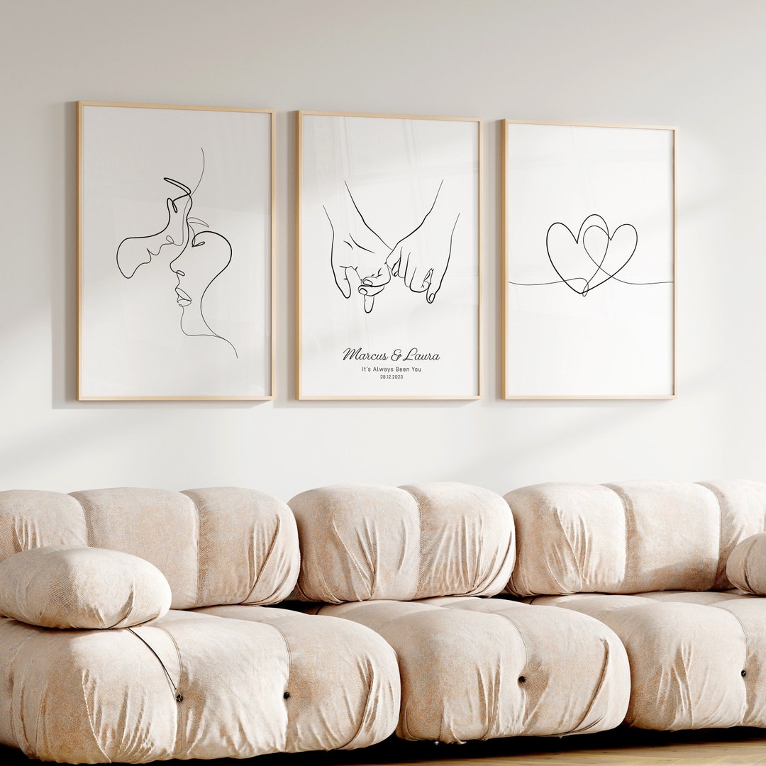Set of 3, Custom Names Art. Line Drawing Print. Romantic Gift. Couple ...
