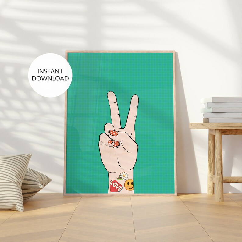 Retro Peace Sign Poster. Hand Sign. Line Art. Green Peace - Etsy