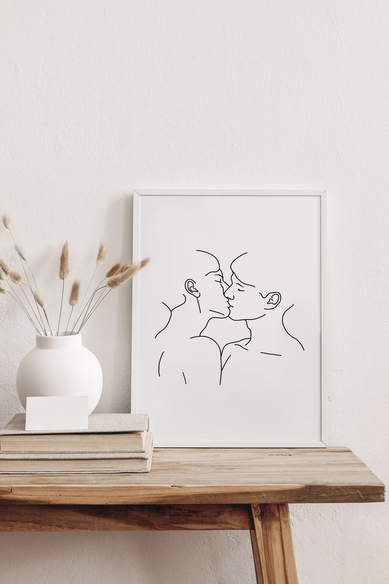 Gay Couple Line Art Lgbt Wall Art Gay Love Art Print Line Etsy