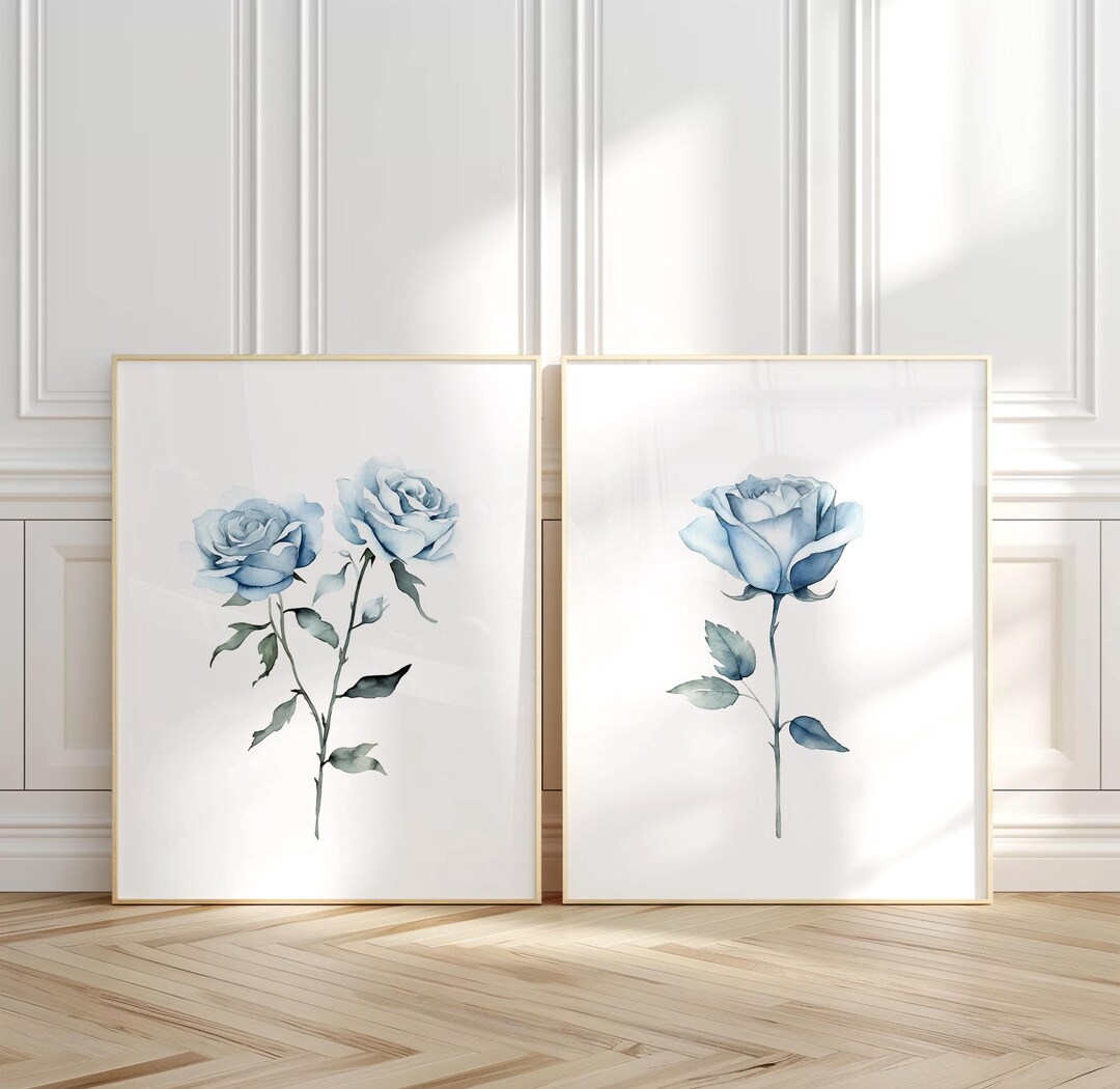 Blue Roses Watercolor Print Set: Hamptons Style Floral Wall Art ...