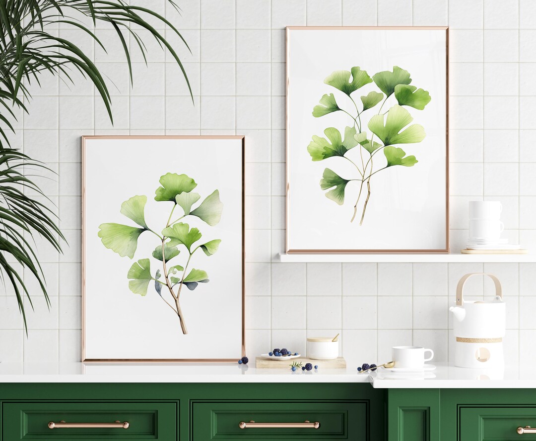 Set of 2 Ginkgo Leaves Watercolor Prints, Botanical Greenery Wall Art ...