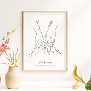 Custom Family Holding Hands Line Art Print, Family of 5 Personalized ...