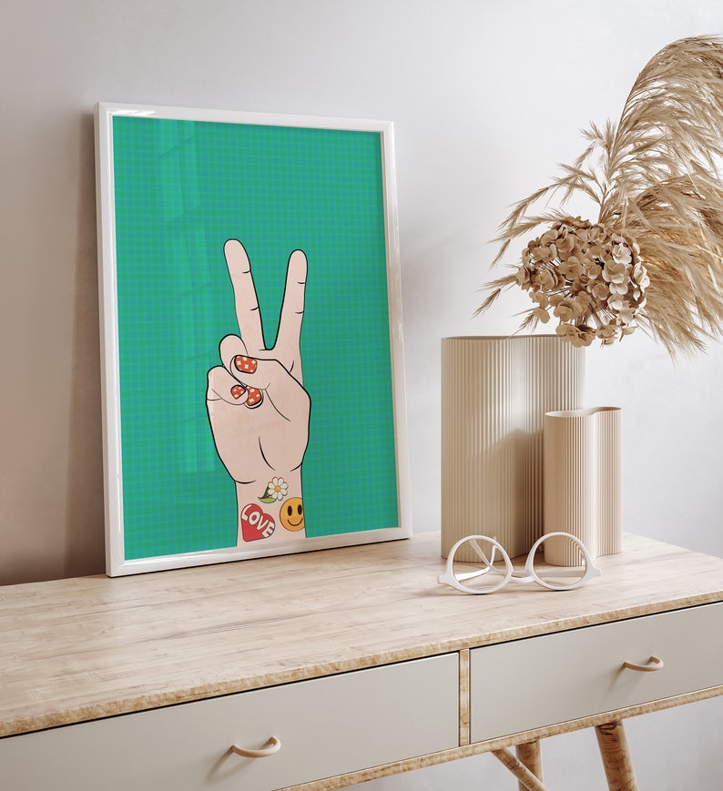 Retro Peace Sign Poster. Hand Sign. Line Art. Green Peace - Etsy