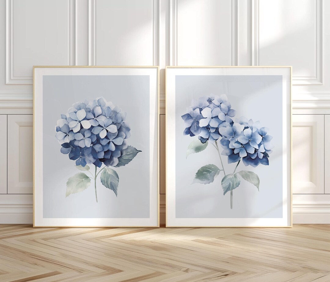 Blue Hydrangeas Wall Art Set of 2, Botanical Flower Watercolor Prints ...