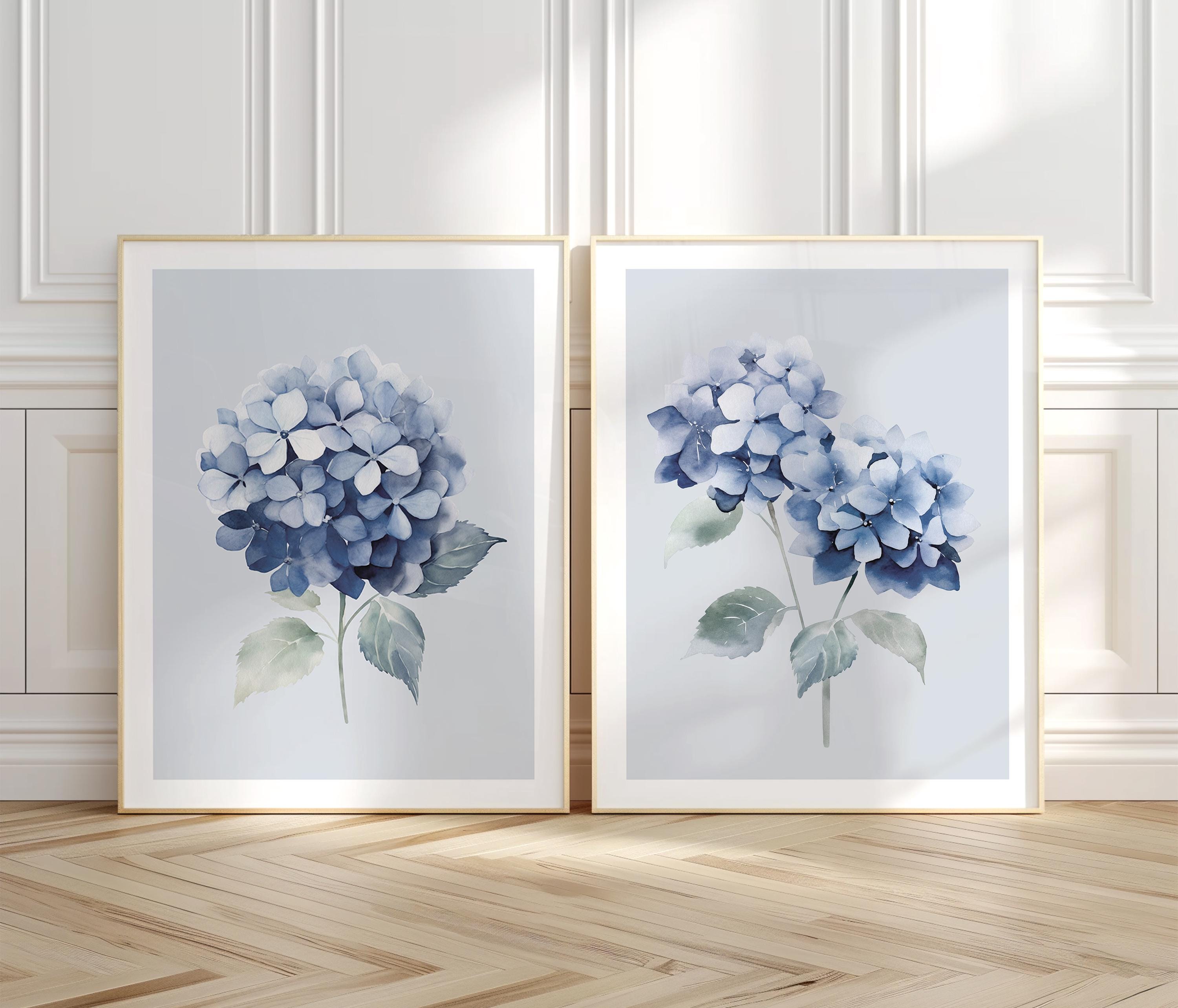 Blue Hydrangeas Wall Art Set of 2, Botanical Flower Watercolor Prints ...