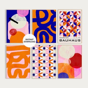 Set of 6 Colorful Mid-century Modern Wall Art, Retro Abstract Posters ...
