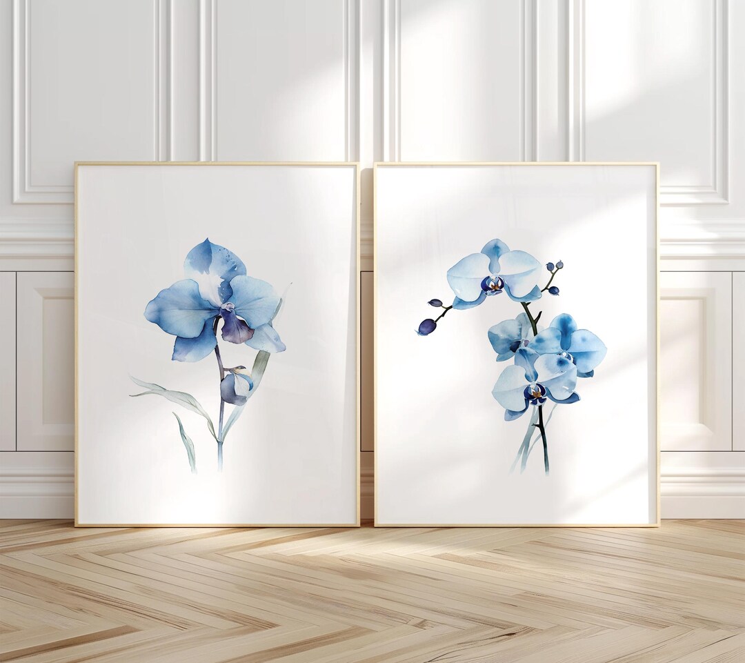 Blue Orchids Watercolor Set of 2 Prints, Botanical Wall Art, Blue ...