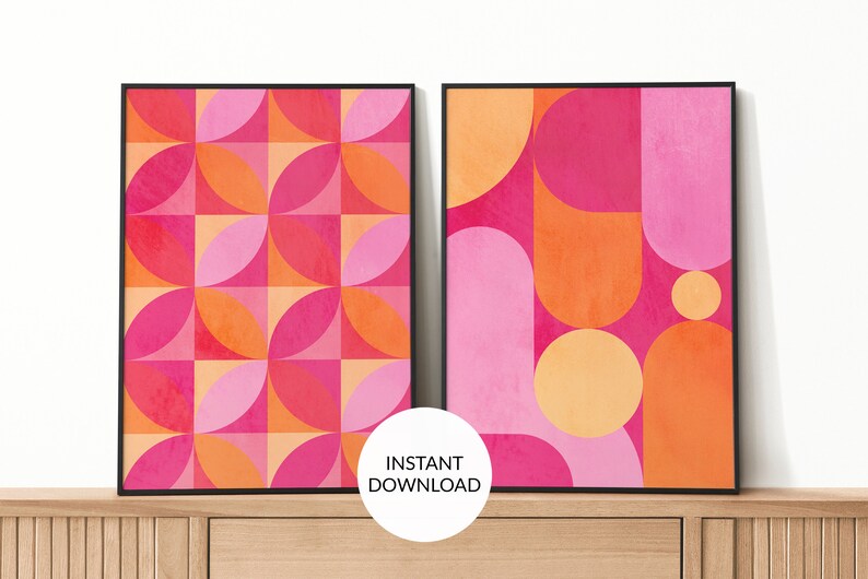 Mid Century Modern Geometric Art Prints: Pink & Orange Set (digital ...