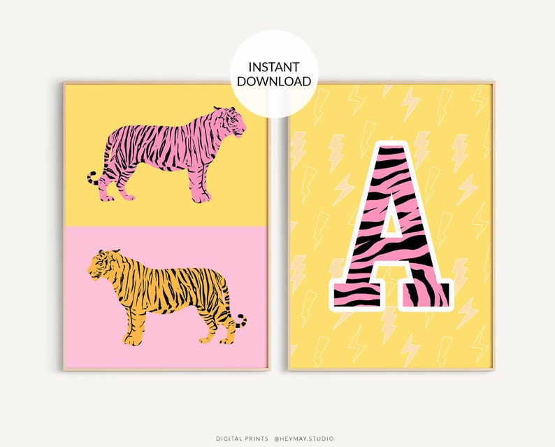 Set of 2 Pink Tiger. Custom Initial Print. Preppy Wall Art. - Etsy