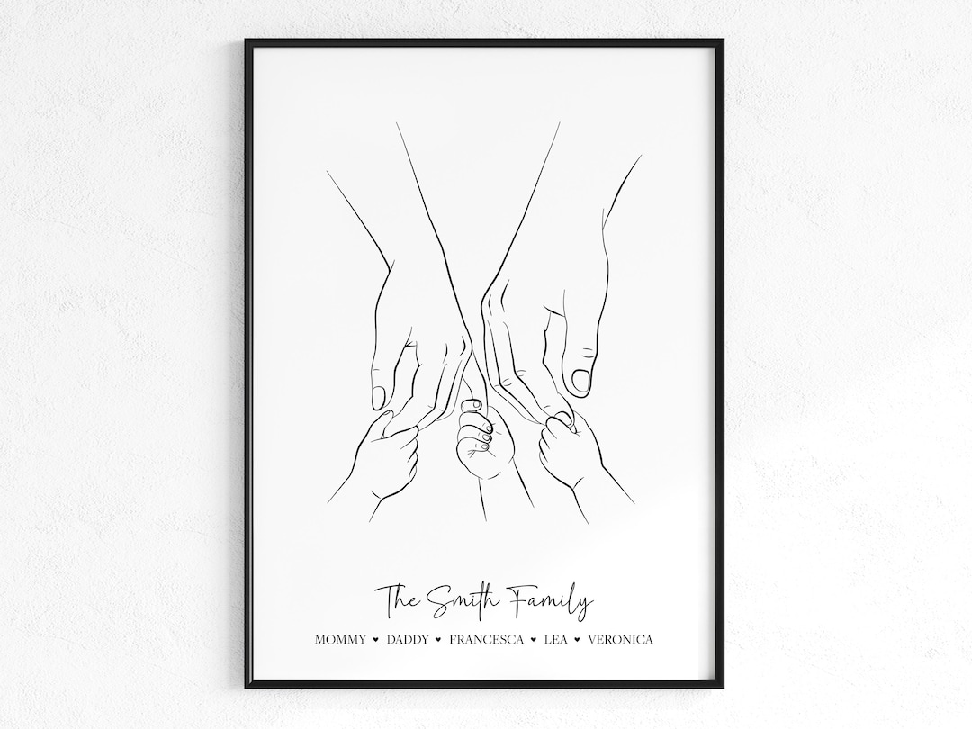 Custom Family Hands Line Art Print, Family of 5 Personalized Drawing ...