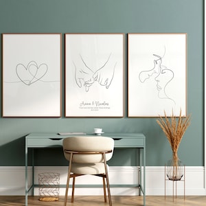 Set of 3, Custom Names Art. Line Drawing Print. Romantic Gift. Couple ...