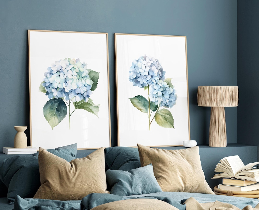 Set of 2 Watercolor Blue Hydrangea Prints, Botanical Floral Wall Art ...