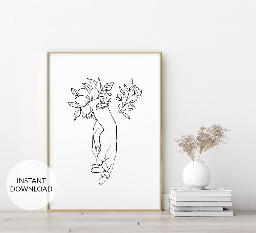 Holding Hands Line Art Print. Line Sketch. Line Drawing Poster. Flower ...