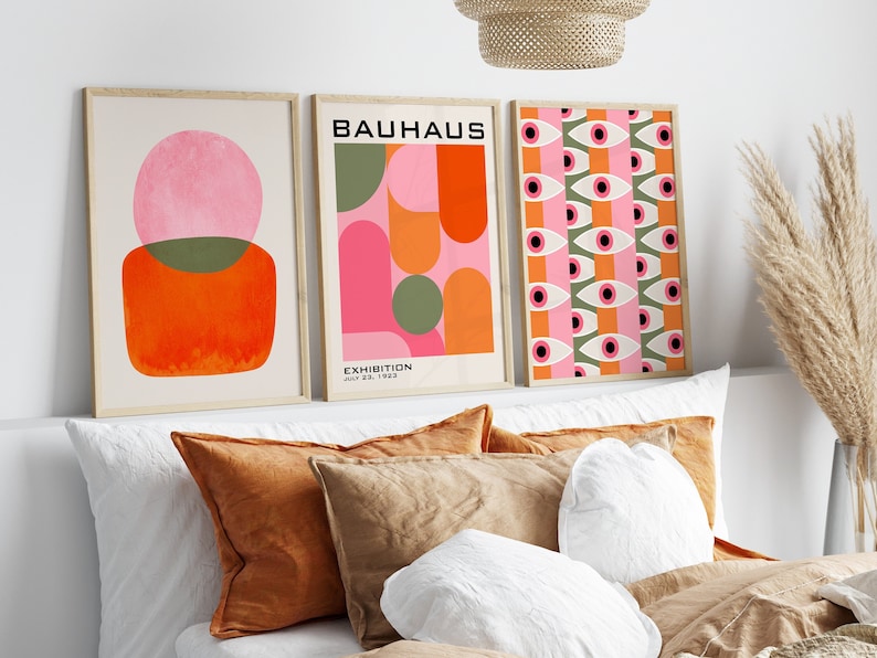 Set of 3, Mid Century Modern Wall Art Set. Pink Dorm Decor. Orange Red ...