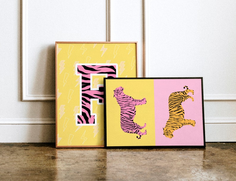 Set of 2 Pink Tiger. Custom Initial Print. Preppy Wall Art. - Etsy